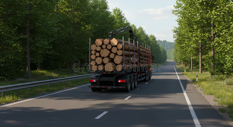 Logging Truck Transporting Lumber on a Scenic Road Stock Illustration ...
