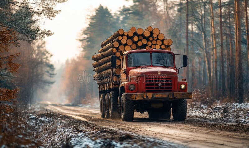 Logging Truck Transporting Timber through Forest Road in Autumn Scenery ...