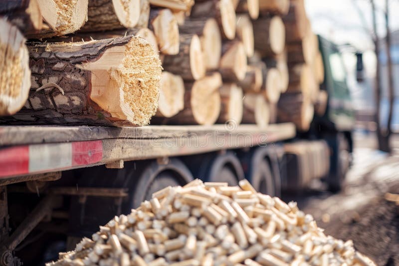 Logging Truck Transporting Timber from Forest with Wood Pellets Stack ...
