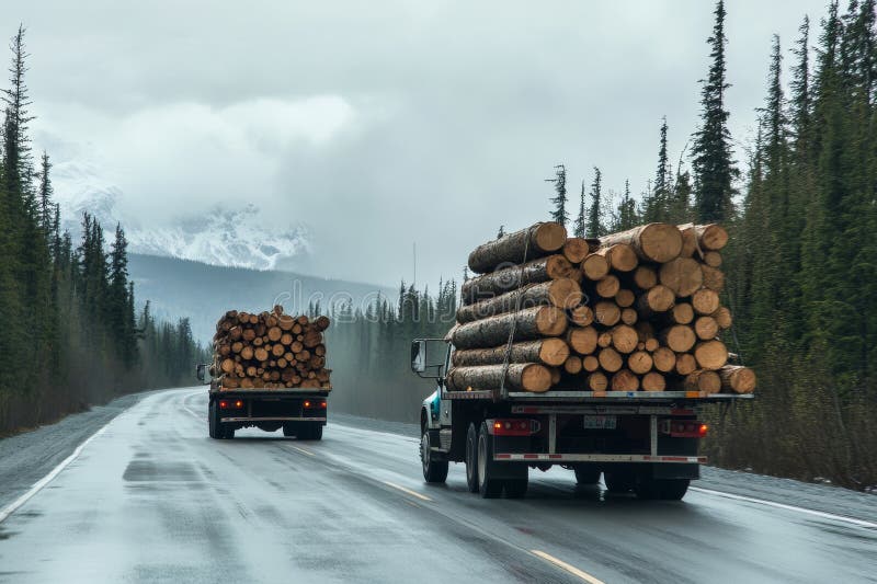 Logging Trucks are Actively Transporting Fresh Timber through a ...