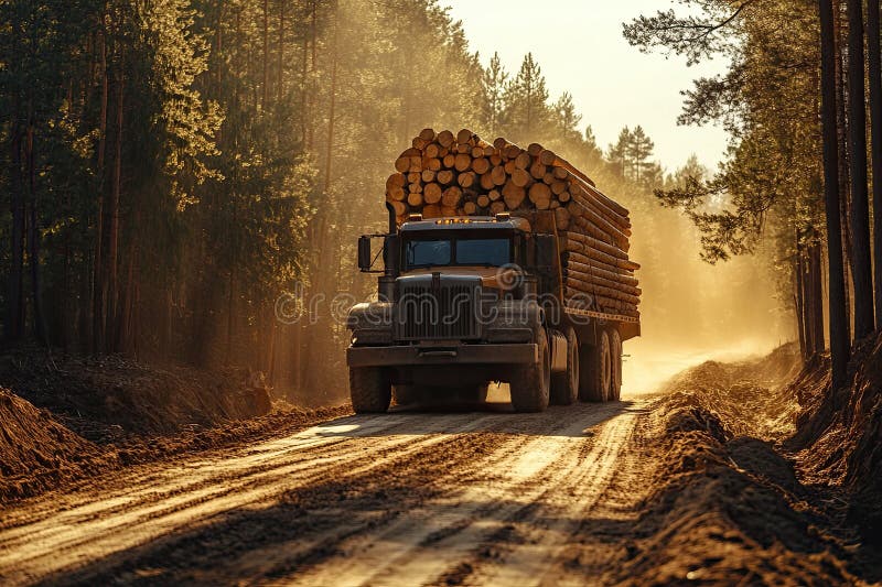 Logging Trucks Loaded with Timber Driving through a Sunlit Forest ...