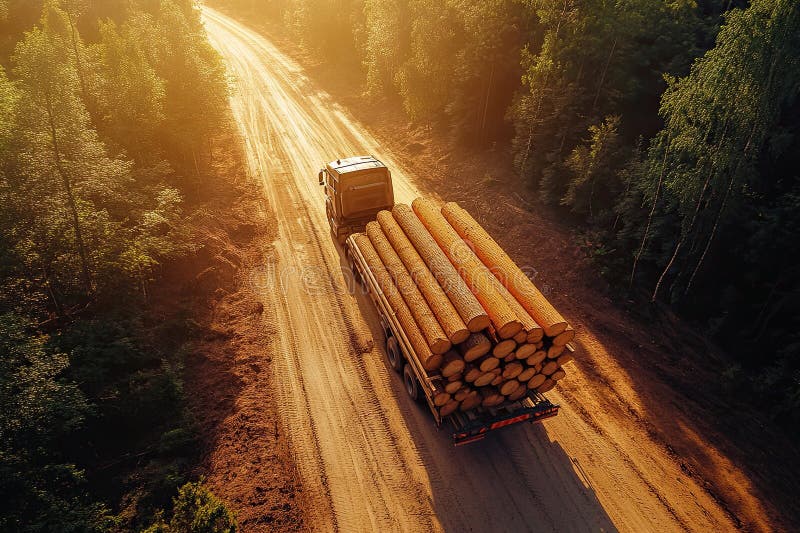 Logging Trucks Loaded with Timber Driving through a Sunlit Forest ...