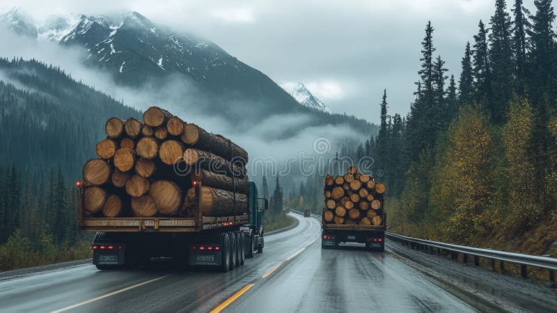 Logging Trucks are Seen Transporting Timber through the Serene and Lush ...