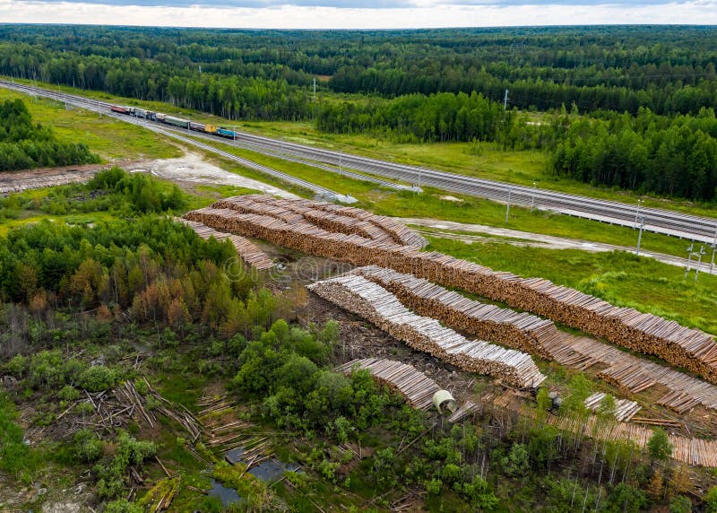 Logging View from Drone of the Railway among the Forests, Highway ...