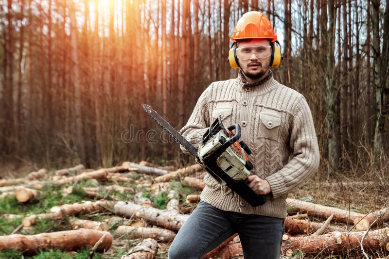 Logging, Worker in a Protective Suit with a Chainsaw. Cutting Down ...