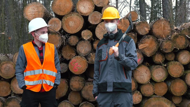 Logging Workers Portrait Ax Hands Assistant Respect Face Masks Dust ...