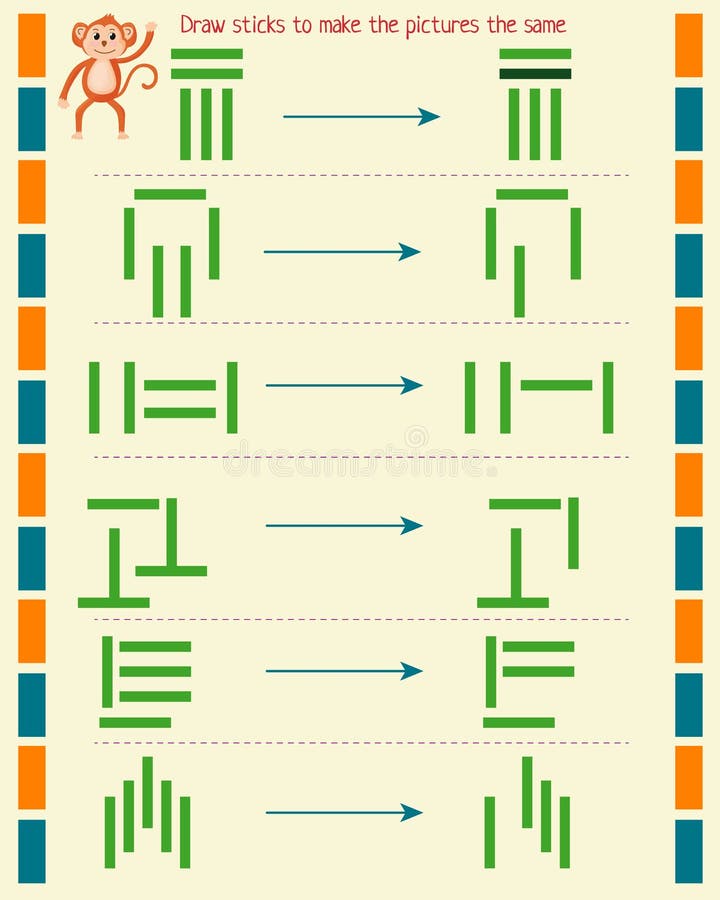 Logic Game for Children. Draw the Sticks To Make the Pictures the Same ...
