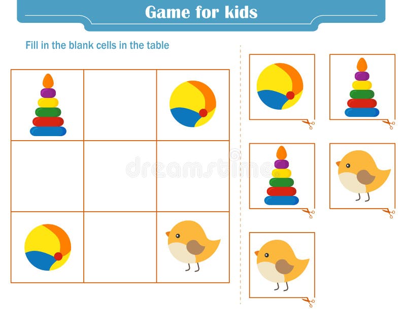 Logic Game for Children. Fill in the Blank Cells in the Table so that ...