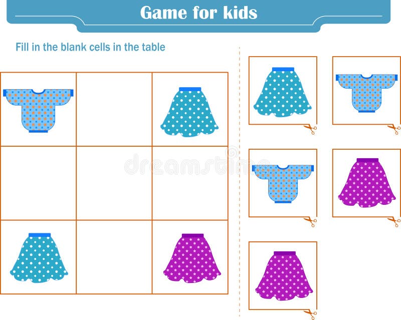 Logic Game for Children. Fill in the Blank Cells in the Table so that ...