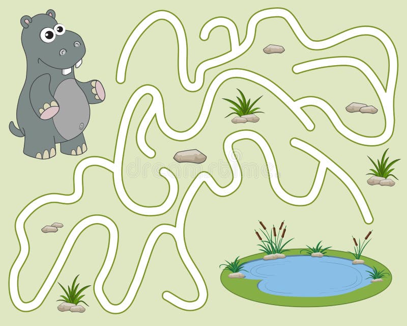 Logic Game for Kids. Help the Hippopotamus Find the Pathway To Water ...