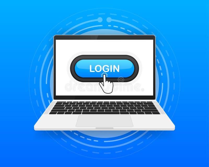 Login, Button and Hand Cursor on the Screen Computer. Blue Button Login ...