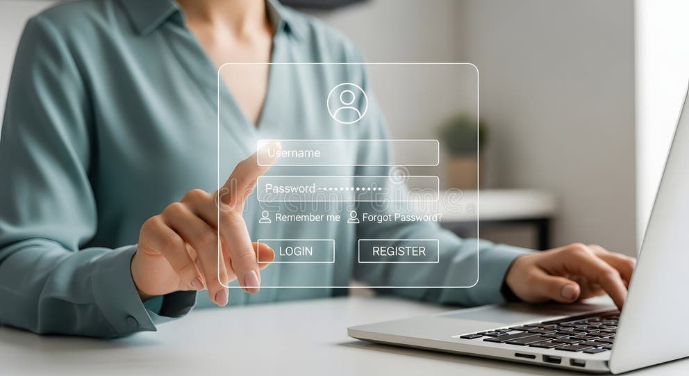 Login Interface on a Laptop with a User S Finger Pointing Stock ...