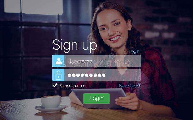 Login Screen with Dark-haired Woman with Coffee and Laptop Stock ...