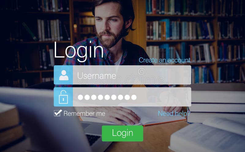 Composite Image of Login Screen with Hipster in Library and Laptop ...
