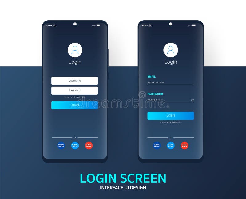 Login Screen Smartphone Interface Vector Template, Mobile App Page Dark ...
