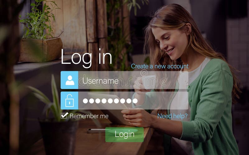 Login Screen with Smiling Woman with Pad and Coffee Stock Image - Image ...