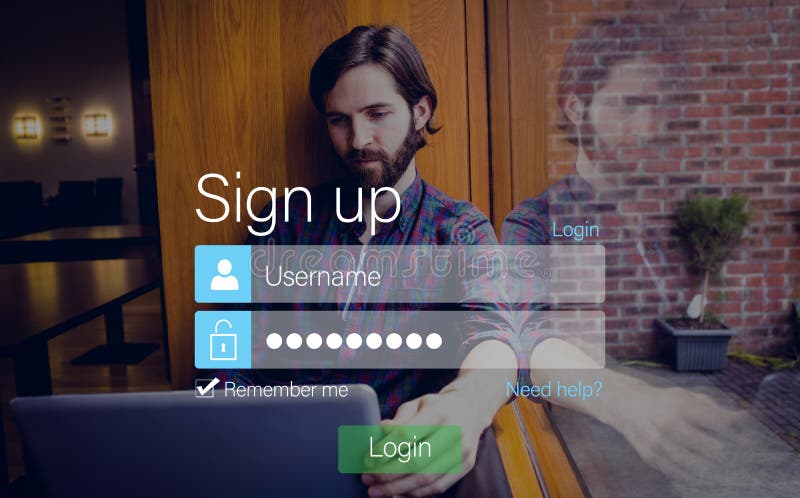Login Screen Superimposed on Hipster Man with Laptop Stock Illustration ...