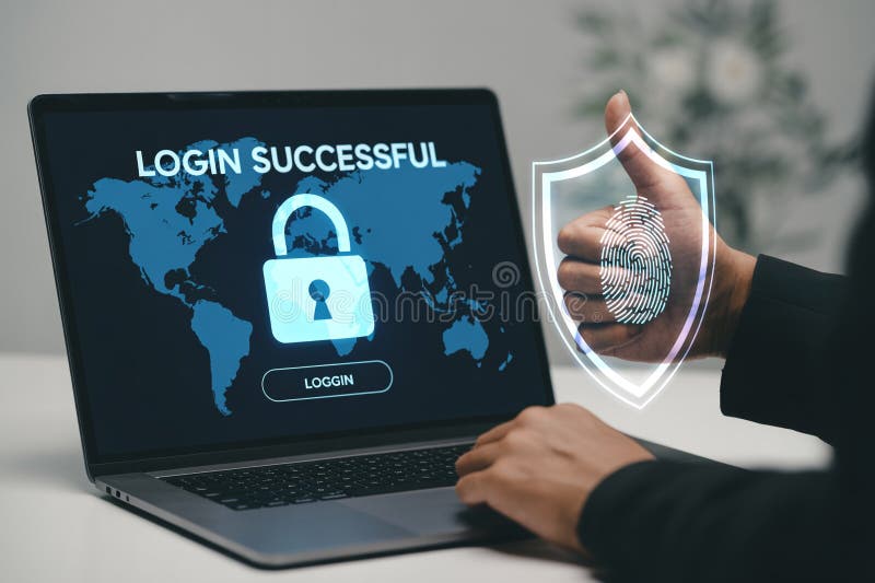 Login Successful Security Concept Digital Fingerprint Authentication on Laptop Computer Screen ...