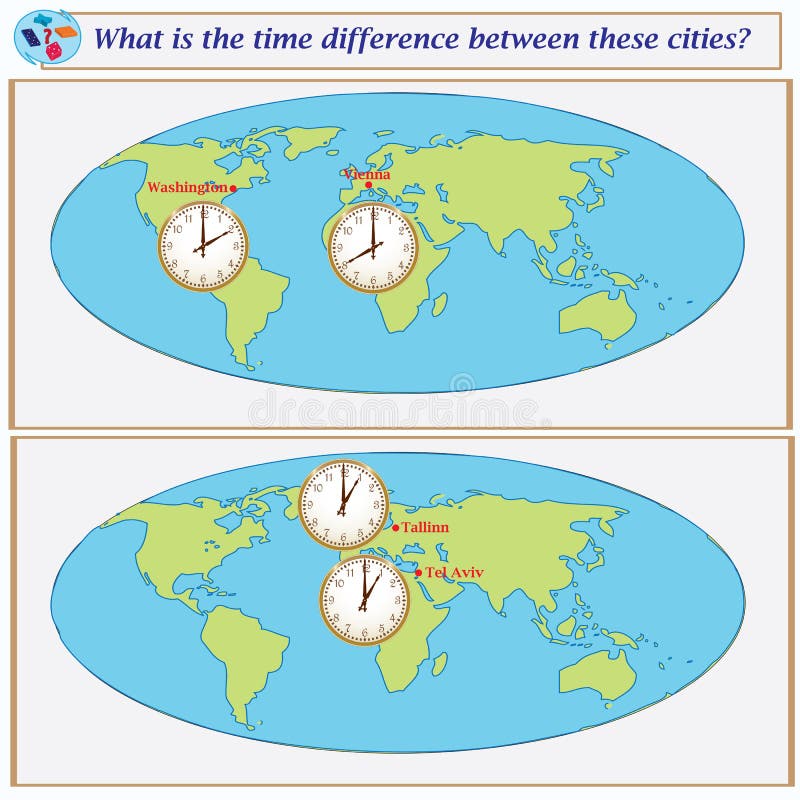Logische Taak Wat is Het Tijdverschil Tussen Deze Steden? Vector ...