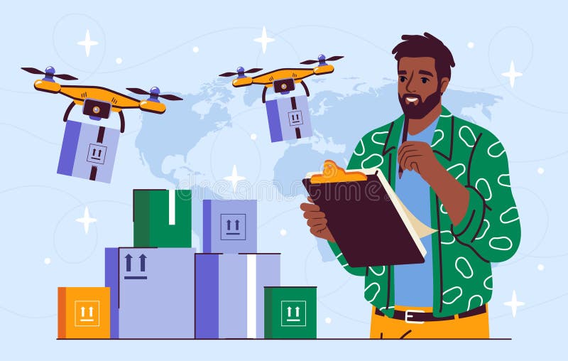 Logist with Drone Delivery. Remote Control Man with Cardboard Boxes ...