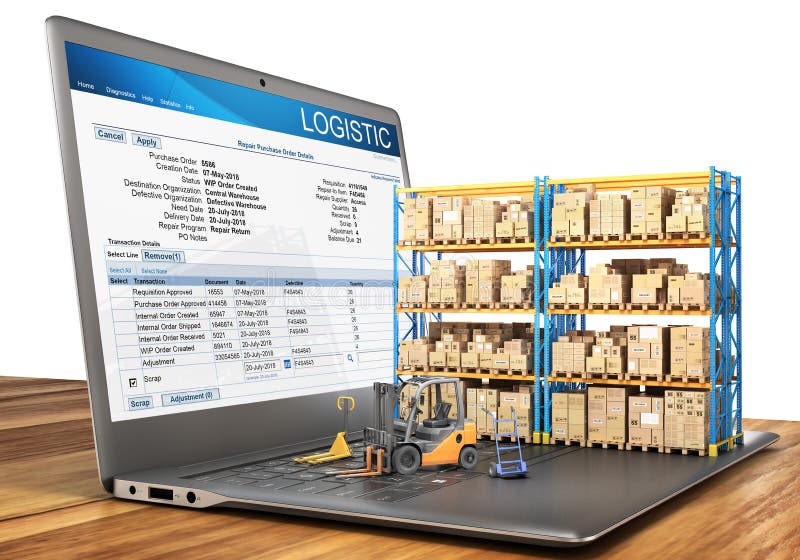 Logistic Concept. Forklift with Cardboard Boxes on a Notebook Keyboard ...
