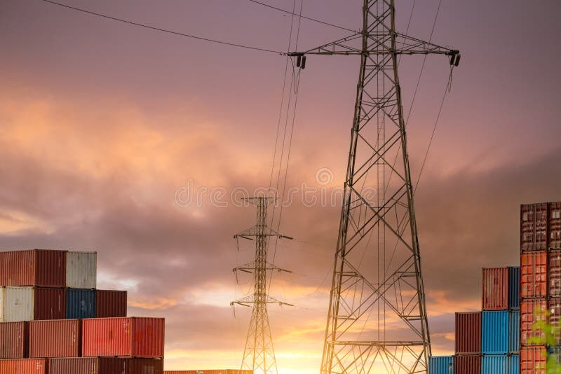 Logistic Container Stack with Electric Pylon. Cargo and Shipping ...