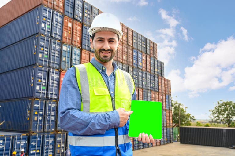 Logistic Operators Worker Shows Tablet Computer with Blank Screen ...