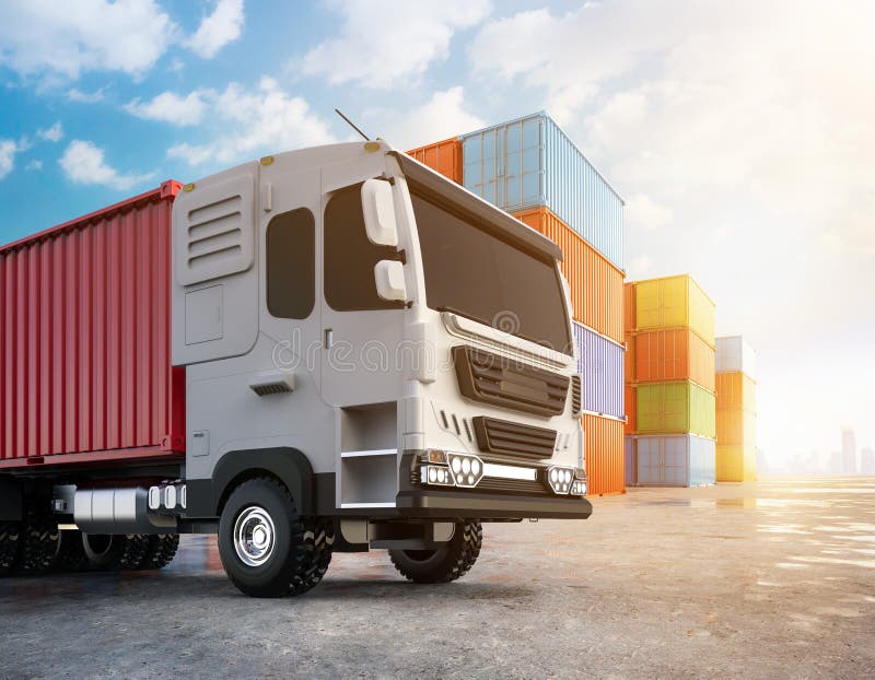 Logistic Trailer Truck or Electric Vehicle Lorry at Container Terminal ...