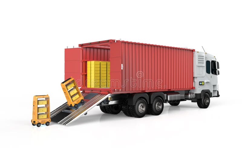 Logistic Trailer Truck or Lorry with Robots Load Cardboard Boxes Stock ...