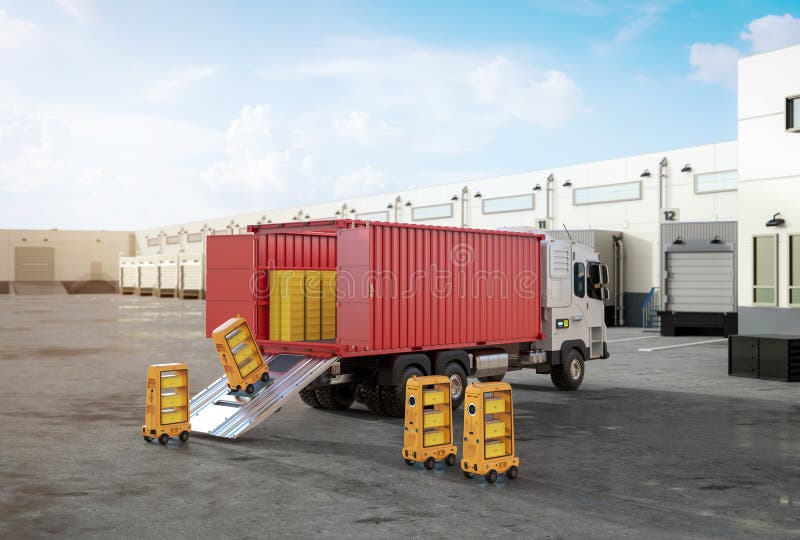 Logistic Trailer Truck or Lorry with Robots Load Cardboard Boxes Stock ...
