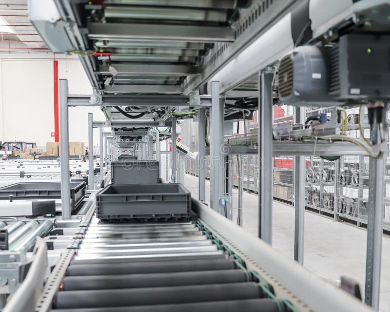Logistic Warehouse. Conveyor Belt in a Modern Production Line Stock ...