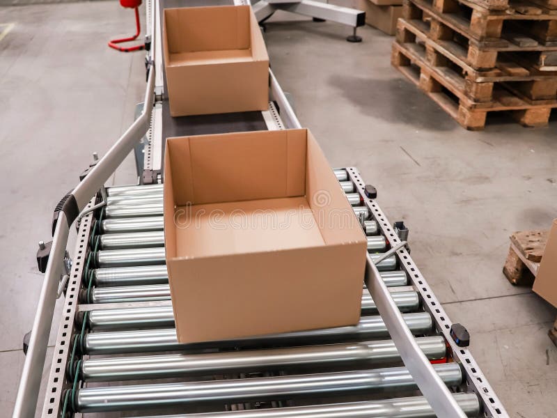 Logistic Warehouse. Conveyor Belt in a Modern Production Line Stock ...