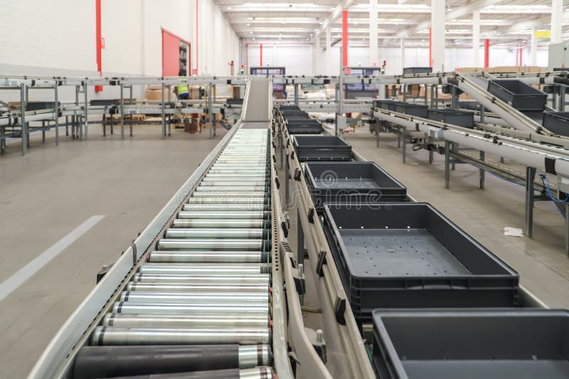 Logistic Warehouse. Conveyor Belt in a Modern Production Line Stock ...