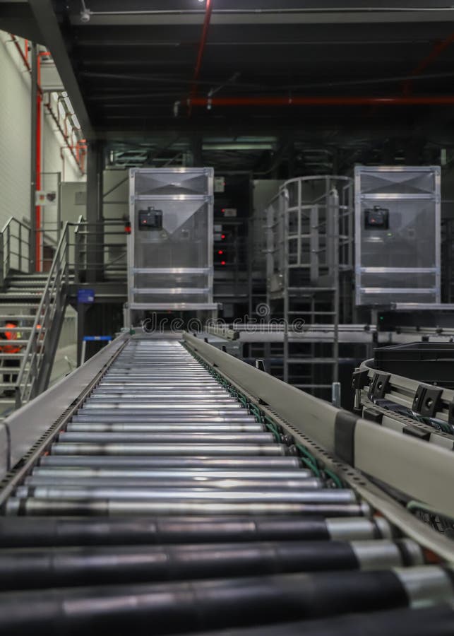 Logistic Warehouse. Conveyor Belt in a Modern Production Line Stock ...