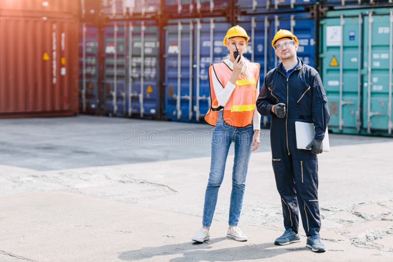Logistic Worker Black Male Working In Port Cargo Container Yard Operate Manage Loading Control