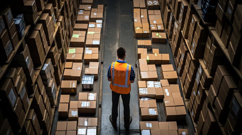 Logistics in Action: Worker Managing Boxes and Packages in Warehouse ...