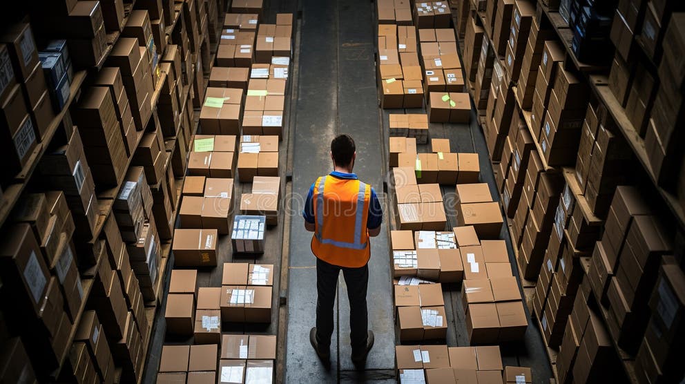 Logistics in Action: Worker Managing Boxes and Packages in Warehouse ...