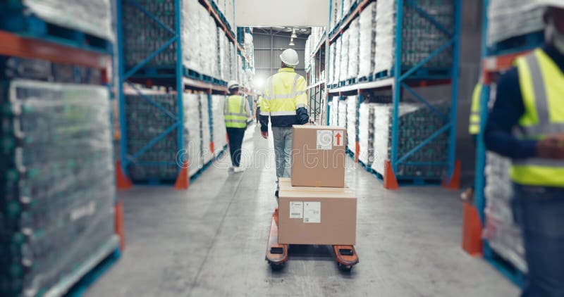 Logistics, Box and Pallet Jack with People in Warehouse for ...
