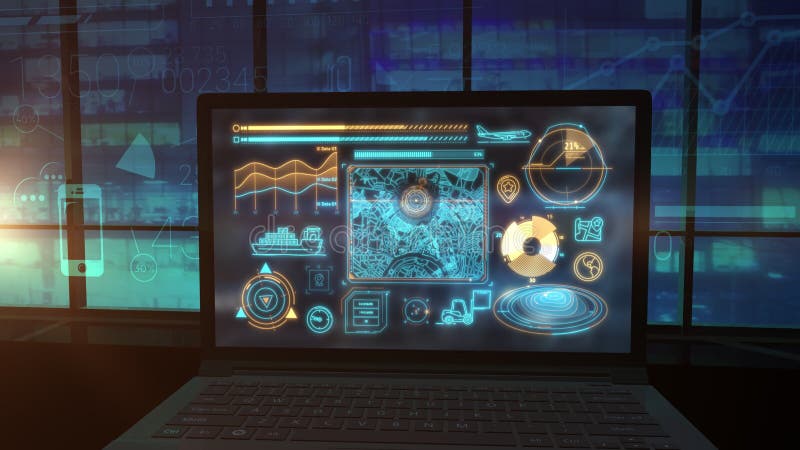 Logistics and Cargo Transportation Infographics on a Laptop Screen. 3D ...