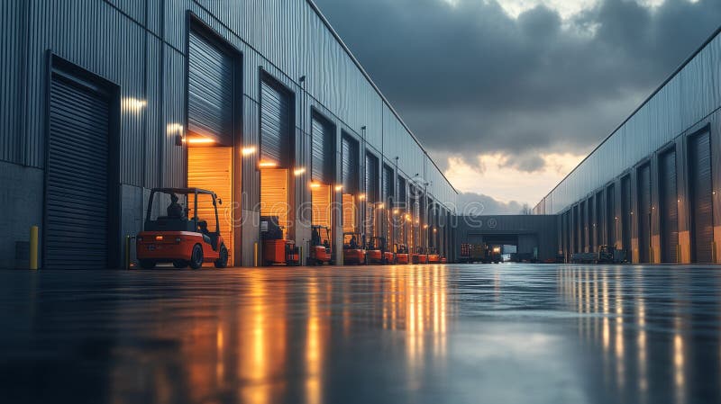 Logistics Center Loading Docks and Forklifts at Sunset, Illuminated ...