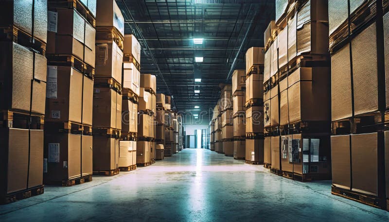 Logistics Center, Products at Warehouse. Large Storage Hall with ...