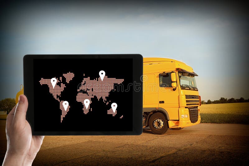 Logistics. Man Using Tablet with World Map on Screen Against Truck ...