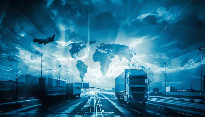 Logistics Concept. Multiple Exposure of Different Transports and World ...