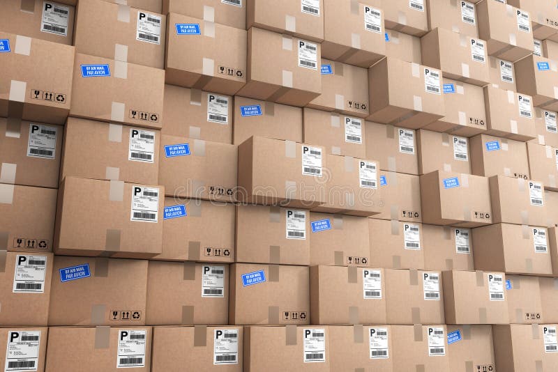 Logistics Concept. Stack of Rows Cardboard Boxes in Warehouse. 3 Stock ...