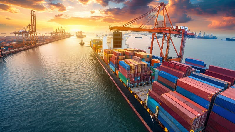 Logistics, Container Cargo Ship Transportation with Working Crane ...