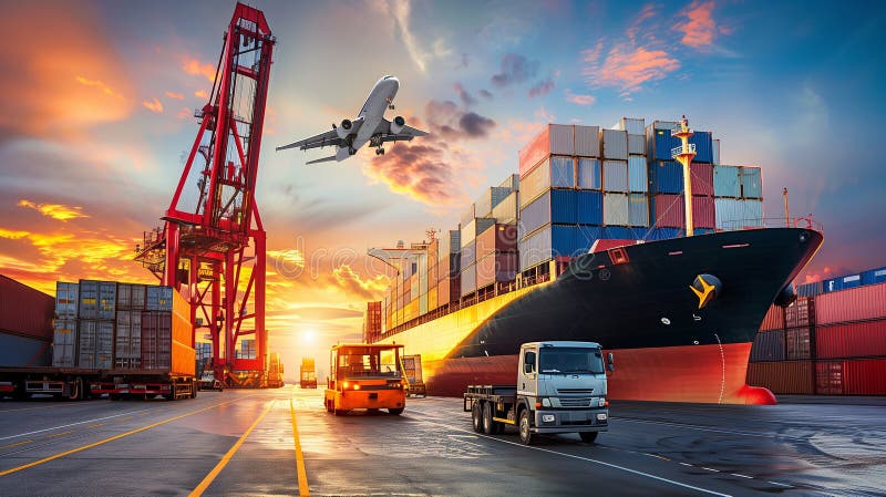 Logistics, Container Cargo Ship Transportation with Working Crane ...