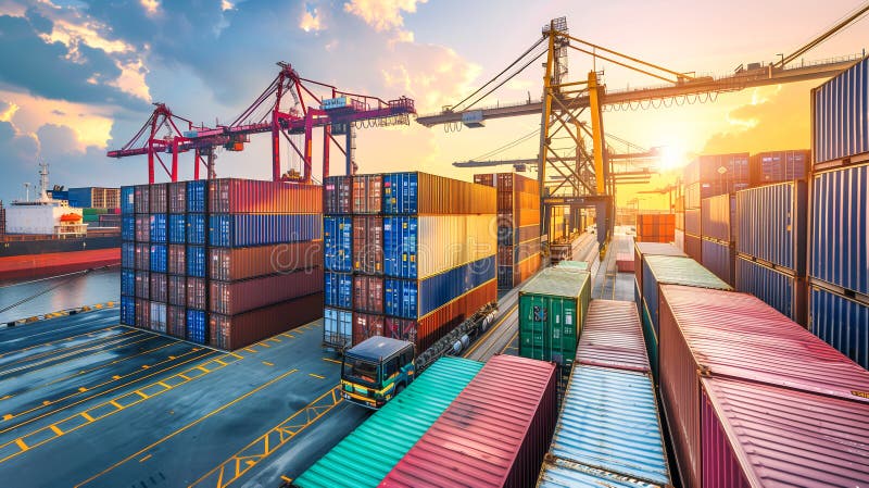 Logistics, Container Cargo Ship Transportation with Working Crane ...