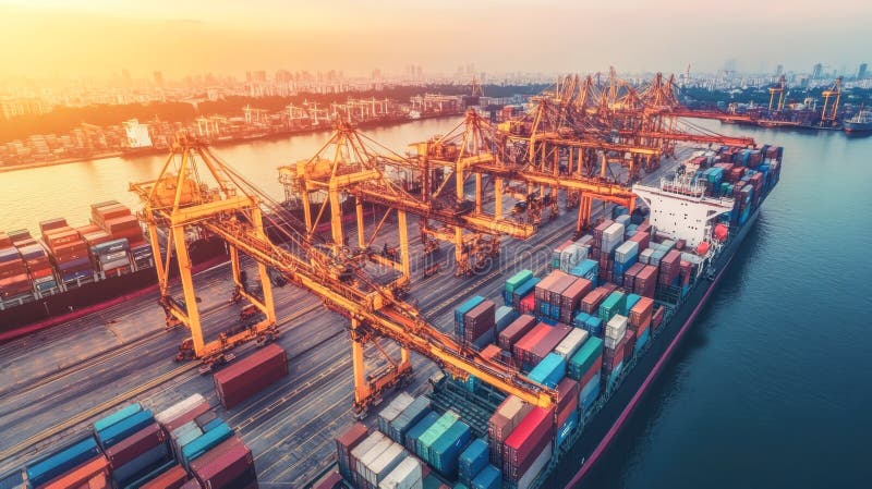 Logistics, Container Cargo Ship Transportation with Working Crane ...