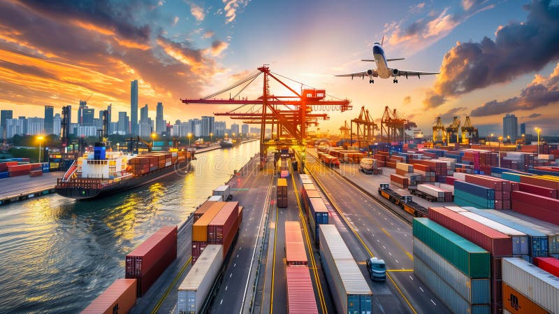 Logistics, Container Cargo Ship Transportation with Working Crane Bridge in Deep Sea Port for ...