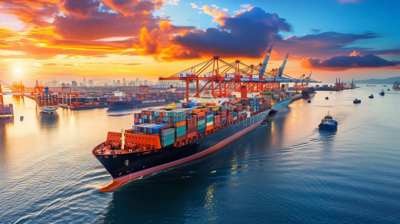 Logistics, Container Cargo Ship Transportation with Working Crane ...